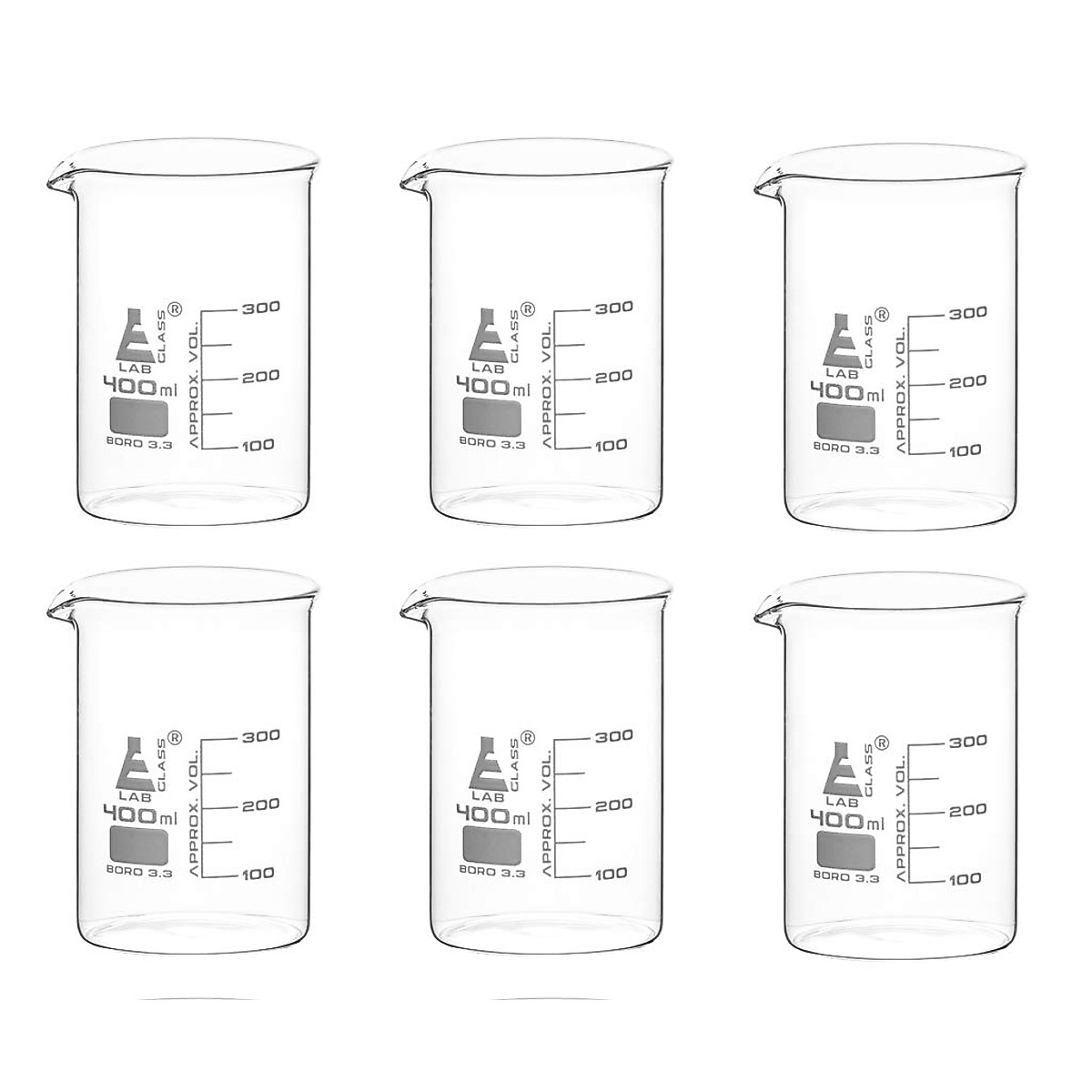 EISCO 6PK Beakers, 400ml - Griffin Style, Low Form with Spout - White, 50ml Graduations - Borosilicate 3.3 Glass