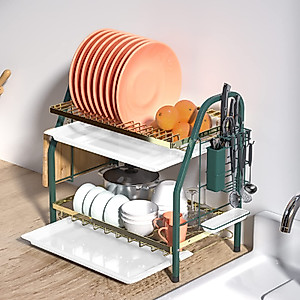 Boiarc Dish Drying Rack, 2 Tier Dish Rack for Kitchen Counter with Drainboard and Utensil Holder, Large Dish Drainer for Small Kitchen - Gold and Green¡­