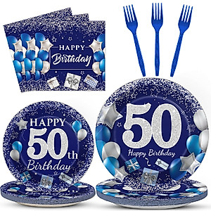 96 Pcs 50th Birthday Party Supplies Navy Blue and Silver Birthday Plates 50th Birthday Paper Tableware Happy Birthday Party Plates and Napkins Forks Blue Birthday Table Decorations for 24 Guests