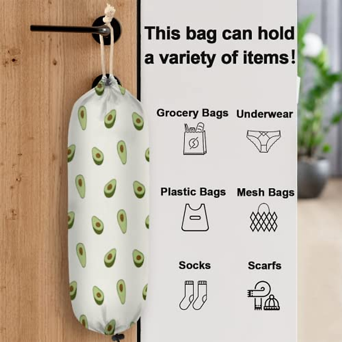 Fruit Avocado Plastic Bag Holder, Avocado Pattern Grocery Bag Storage Holder Hanging Garbage Shopping Bag Trash Bags Organizer for Kitchen Home