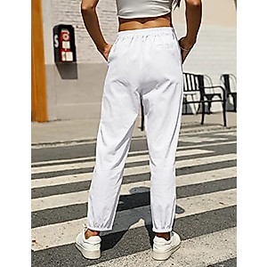 Tanming Linen Pants for Women Summer Casual High Waisted Drawstring White Beach Pant (White, M)