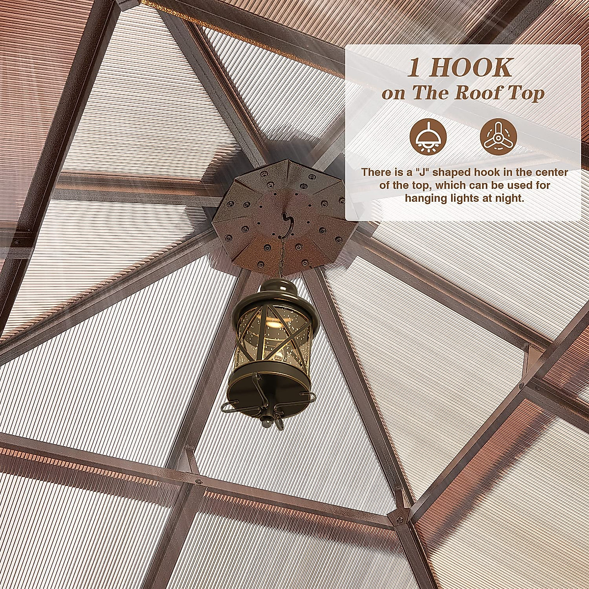 EROMMY 12'x12' Gazebo Polycarbonate Double Roof Pavilion Gazebo Outdoor Aluminum Frame Canopy with Netting and Curtains for Garden Patio Lawns Parties