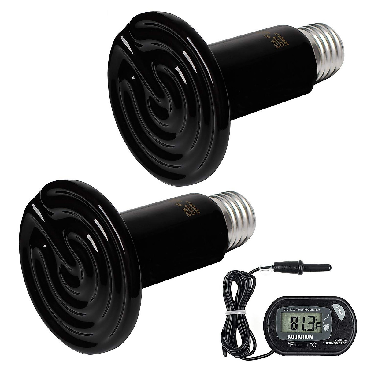 WUHOSTAM 2 Pack 80W Ceramic Heat Lamp with 1-pcs Digital-Thermometer, Infrared Reptile Heat Emitter Heater Lamp Bulb for Pet Brooder Coop Chicken Lizard Turtle Snake Aquarium ETL Listed