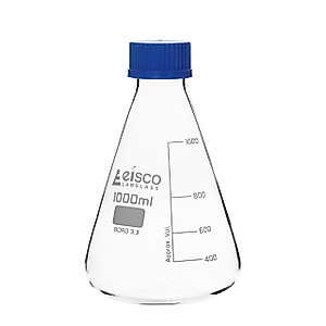 EISCO Erlenmeyer Flask, 1000ml - Borosilicate Glass - with PTFE Screw Cap - Conical Shape - White Graduations