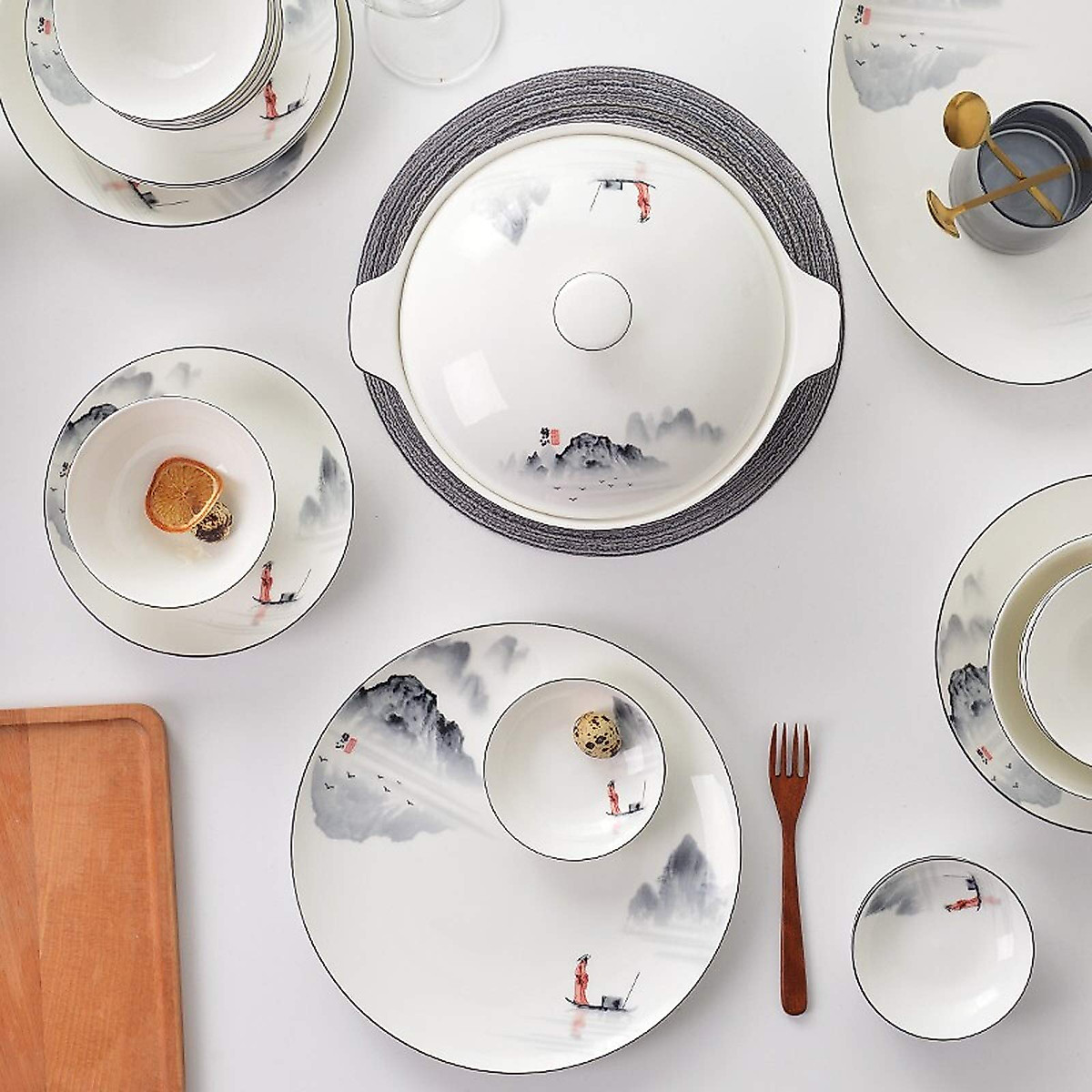 GagalU Stylish Dinner Plates,Ceramics Dinnerware Sets, Landscape Painting Pattern Porcelain Cereals Bowls/Steak Plates/Soup Pot | 48 Pieces Bone China Dinner Combination Set