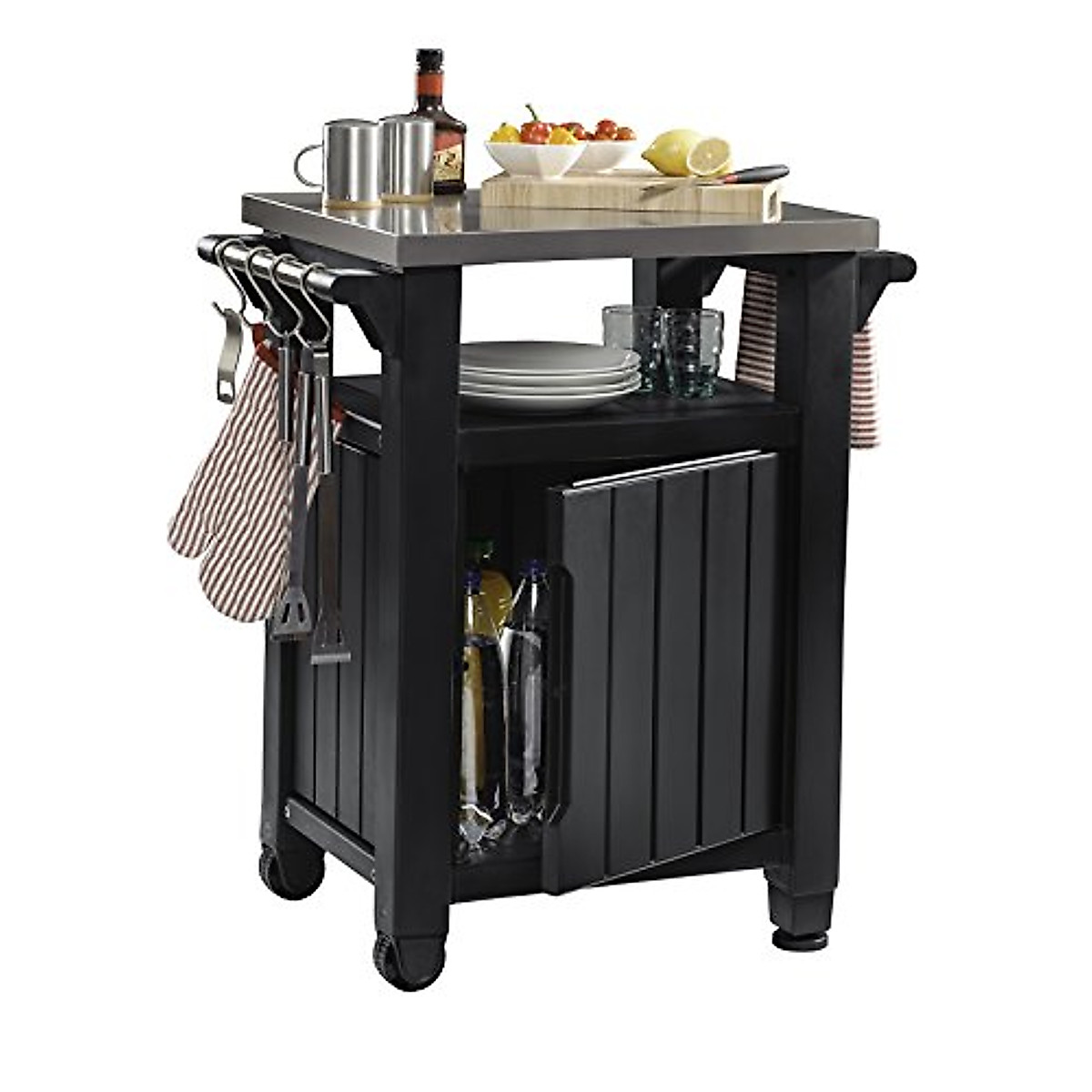 Keter Unity Portable Outdoor Table and Storage Cabinet with Hooks for Grill Accessories-Stainless Steel Top for Patio Kitchen Island or Bar Cart, Dark Grey