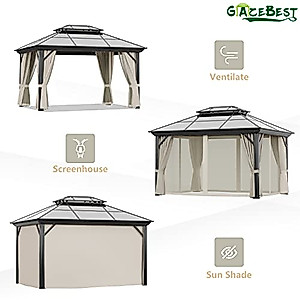 GAZEBEST 10'x13' Hardtop Gazebo Outdoor Polycarbonate Double Roof Patio Gazebo Aluminum Frame Gazebo Canopy with Netting and Curtains,for Garden Patio,Patio Backyard,Deck and Lawns