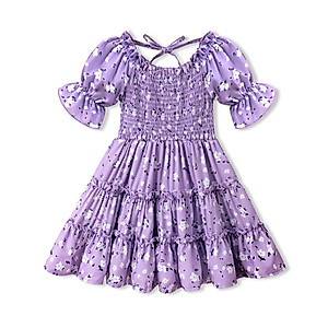 Purple Toddler Girl Dress Square Neck Puff Sleeve A-Line Toddler Floral Dresses Summer Dresses for Toddler Girls 5T 6T Dress