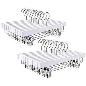 Amber Home White Wooden Pants Skirts Hangers 24 Pack, Solid Wood Trousers Bottom Hanger with 2-Adjustable Clips, Clips Hangers for Slacks, Jeans, Shorts (White, 24 Pack)
