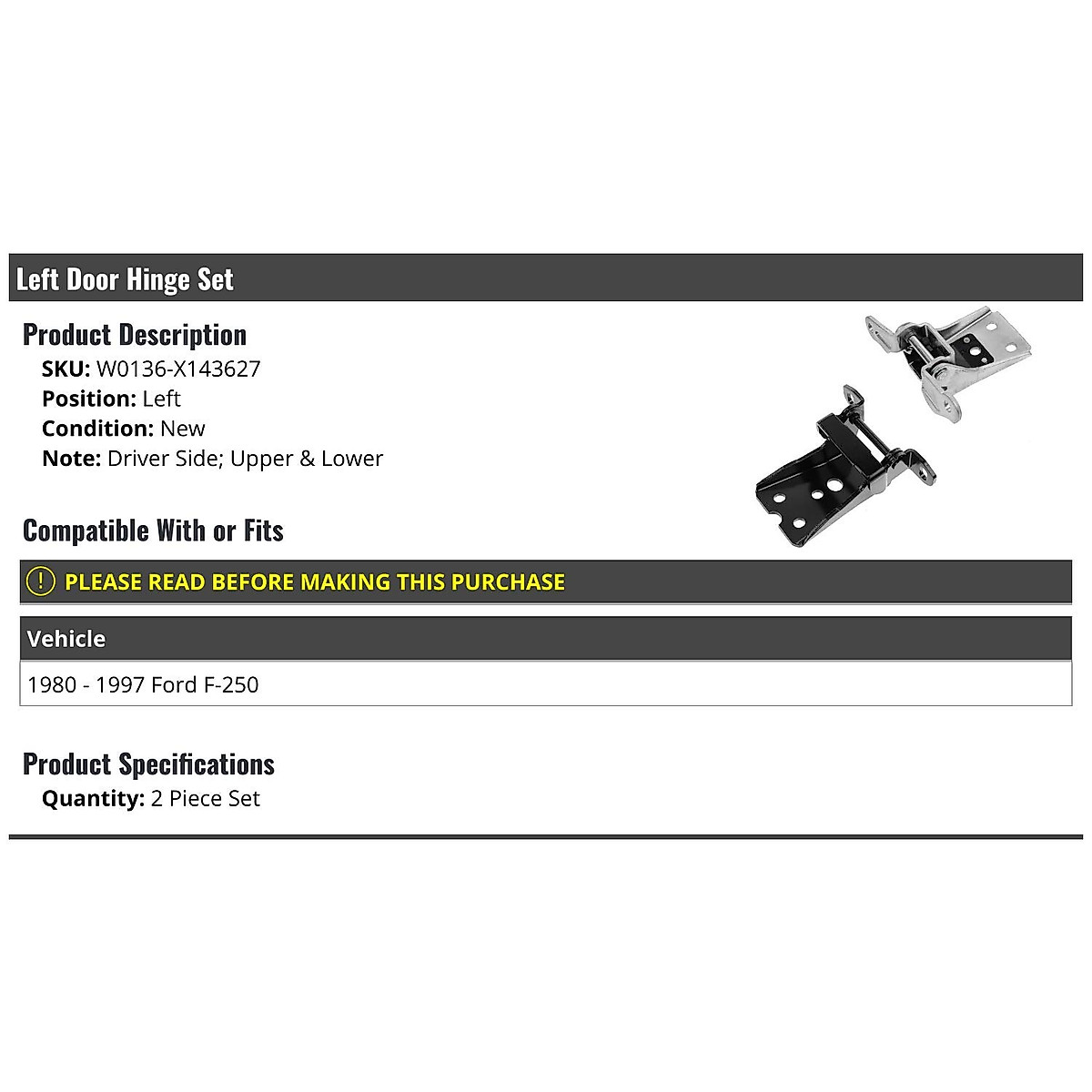 Marketplace Auto Parts Left Driver Side Upper and Lower Door Hinge 2 Piece Set - Compatible with 1980-1997 Ford F-250