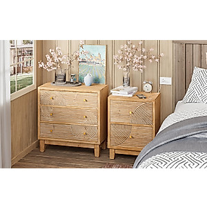 COZAYH 3-Drawer Farmhouse Dresser with Handicraft Wood Ring Motif, Set of 2 Fully Assembled Nightstand Wooden Finish for Boho, Mid-Century, Natural Wood, Rustic