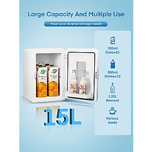 NORTHCLAN Mini Fridge for Bedroom, 15 Litre/21 Cans Portable Mini Refrigerator with AC/DC Power for Office, Dorm and Car, White
