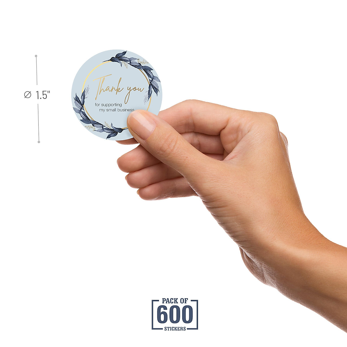 easykart labels 600 Business Thank You Stickers in roll, 1.5" Round Size| Pastel Blue Flower Bunch Design with Gold Foil | Highly Recommended for Small Business Owners.