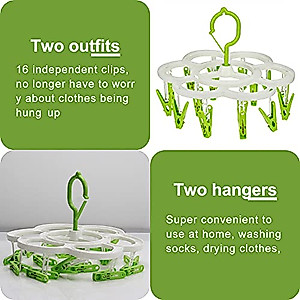 Bobrv Clothes Hangers with 16 Clips, Sock Underwear Baby Hanger, Hanging Drying Rack, Plastic Laundry Clip and Drip Clothespin Rack for Towel, Hat, Scarf, Green, 9 x inches