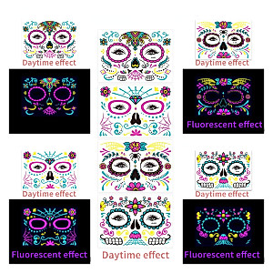 Beilingdun Halloween & Day of the Dead Sugar Skull Glowing Temporary Face Tattoos (8 Packs),Roses Spider Net and Floral Black Skeleton Web Red Roses Full Face Mask Tattoo for the halloween &Night Party