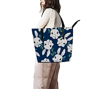 Blue Navy Blue Cute Kawaii Cartoon Animal White Bunny Tote Bag for Women Leather Handbags Women's Crossbody Handbags Work Tote Bags for Women Coach Handbags Tote Bag with Zipper.