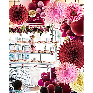 Burgundy Pink Birthday Party Decorations/Fall Bridal Shower Decorations/Valentines Day Decor/7pcs Burgundy Cream Pink Pinwheels Tissue Paper Fans Fall Bachelorette Party Decorations/Burgundy Wedding