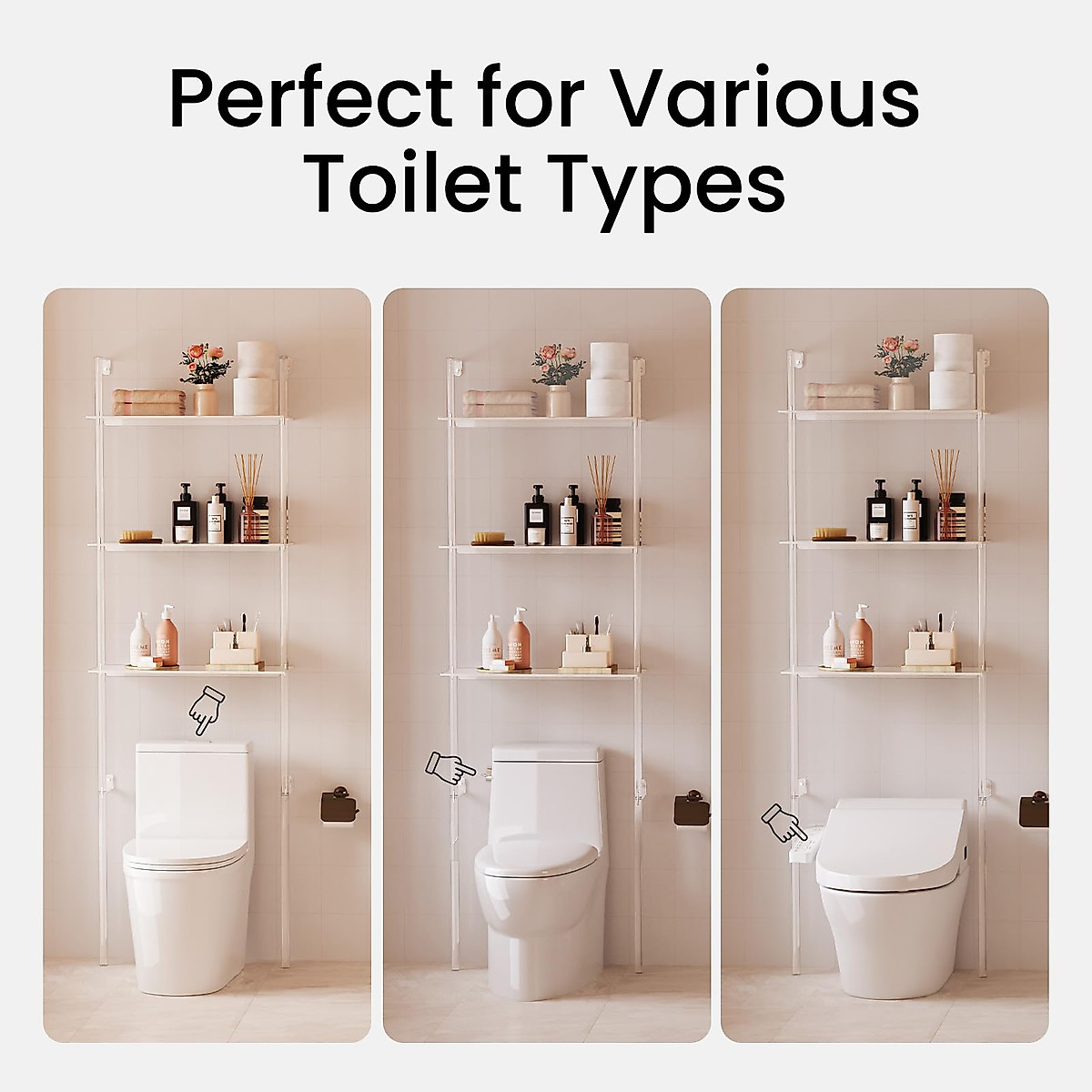 Sumerflos Acrylic Over The Toilet Storage Shelf - 3 Tier Clear Over-The-Toilet Bathroom Organizer Rack Above Toilet Shelves Standing for Bathroom Living Room Bedroom Modern