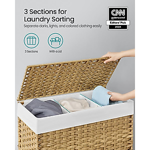 SONGMICS Laundry Hamper with Lid, 42.3 Gallons (160 L), Rolling Laundry Basket with Wheels, 3-Section Synthetic Rattan, Removable Liner, Bedroom, 27.6 x 14.2 x 26 Inches, Natural ULCB365N01