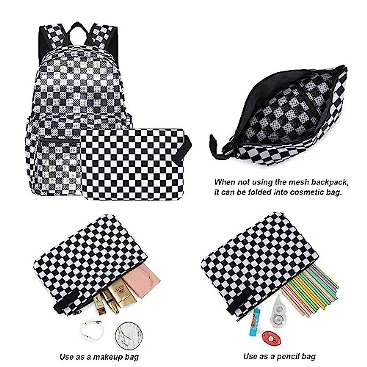 Yusudan Checkered Mesh Backpack for Girls, Kids Semi-Transparent School Bookbag Women See Through Beach Bag Daypack