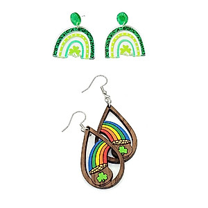 St Patricks Day Earrings Green Lucky Clover Dangle Acrylic Earrings Handmade Irish Shamrock Rainbow Cat Dog Wood Dangle Drop Earrings for Women Holiday Jewelry -Style 9