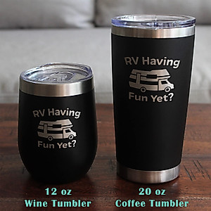 Bevvee RV Having Fun Yet Wine Tumbler with Sliding Lid - Stemless Stainless Steel Insulated Cup - Cute Outdoor Camping Mug - Purple