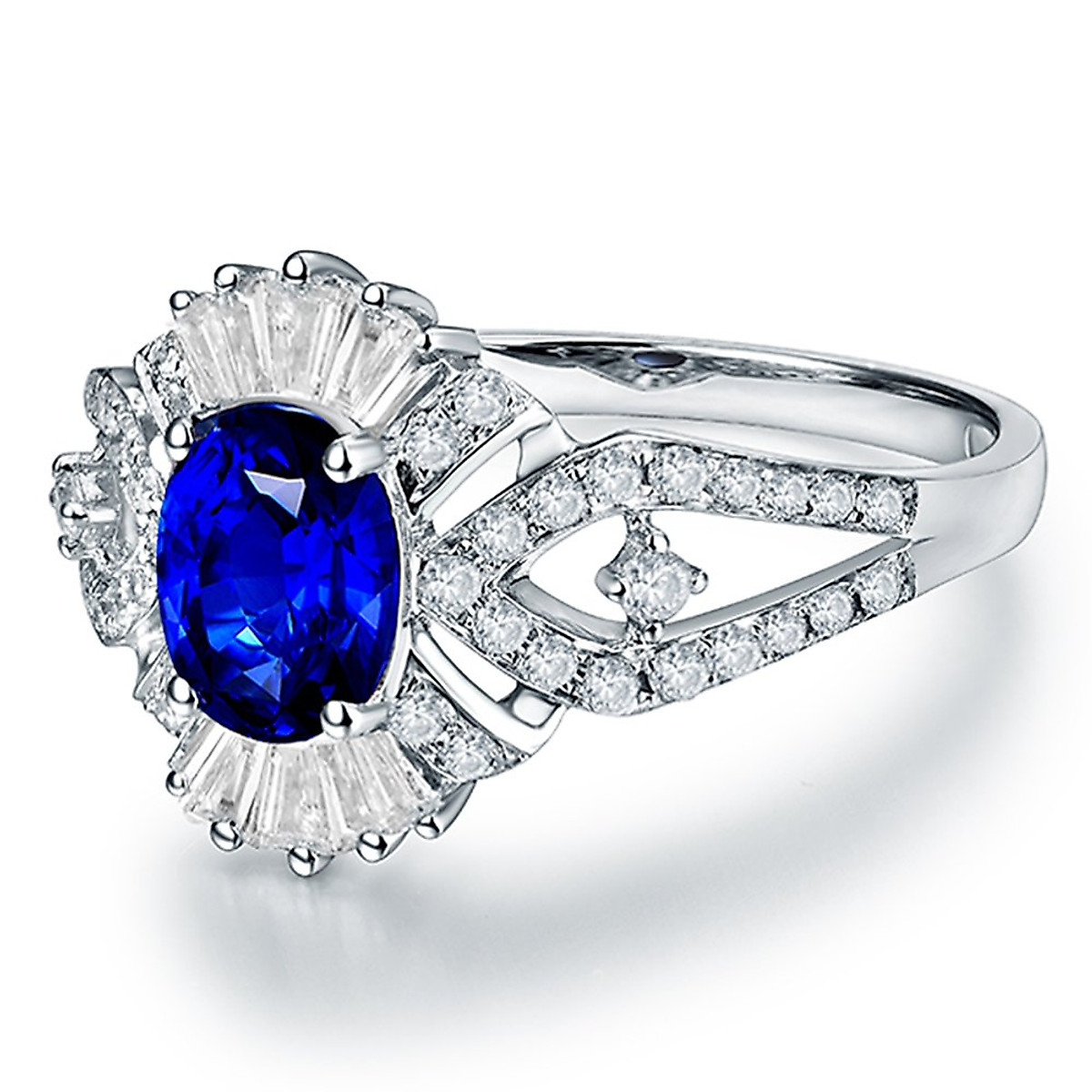 Lanmi 14K White Gold Natural Blue Sapphire Diamonds Ring Engagement Wedding Band for Women