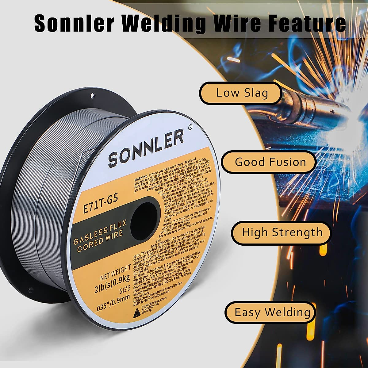 0.035 flux core welding wire, 2Lbs E71T-GS Low Splatter gasless Carbon Steel Mig Welding Wire Compatible With HF Fourney Harbor Welder(1 PACK)