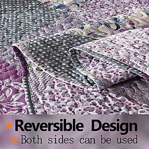 ENJOHOS King Size Quilt Set - 3 Pieces Purple Patchwork King Quilt with 2 Pillowcases, Lightweight Reversible Country Bedspread with Floral Design