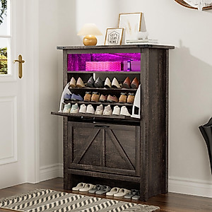 MU Shoe Cabinet with 2 Flip Drawers & Open Storage Space, Entryway Shoe Storage Cabinet with LED Light, Hidden Shoe Organizer for Entryway, Gray