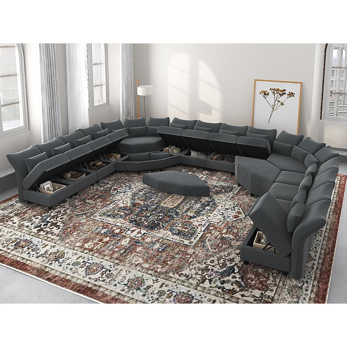 LLappuil Oversized Modular Sectional Sofa 214.6" 16-Seater U Shaped Couch with Large Storage Chaise, Velvet High Back Recliner Couches with Big Ottoman for Living Room, Grey