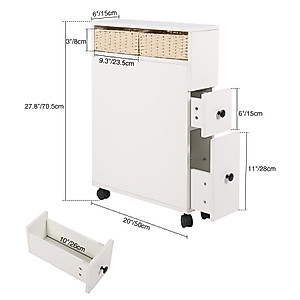 ALAPUR Movable Slim Bathroom Storage Cabinet with Wheels and Drawers, 6" W Narrow Toilet Paper Holder, Free Standing Bathroom Organizer for Small Spaces, White
