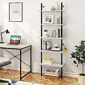 Bestier 70" Industrial Wall-Mounted Ladder Shelf 5 Tier Bookshelf with Storage Organizer Plant Flower Display Stand Round Tube Bookcase Rack with 2 Hooks for Home Office, Gray