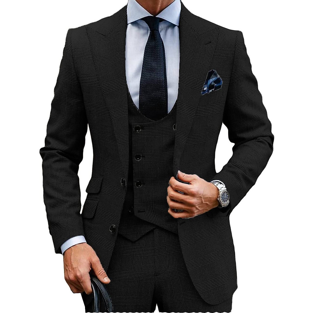 MoranX Casual Men's Suits Regular Fit 3 Piece Double Breasted Wool Plaid Tuxedos Business Blazer+Vest+Pants Wedding…(Gray,46R)