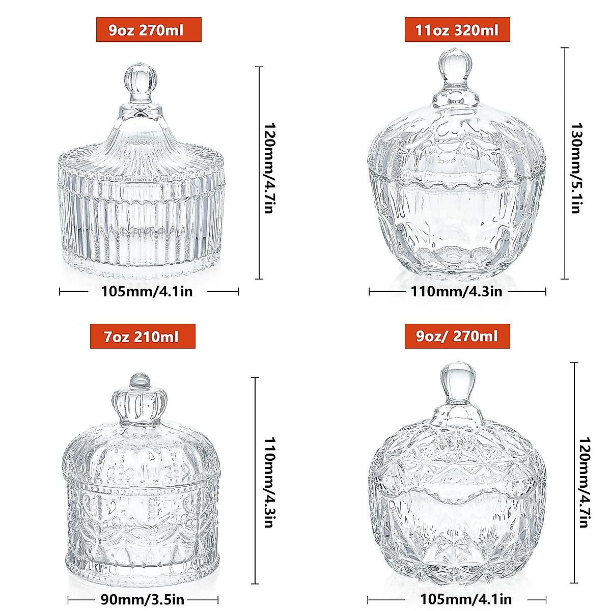 INFTYLE Glass Candy Dish with Lid Set of 4 Crystal Glass Candy Jar Jewelry Box Dappen Dish Cookie Jar for decorative storage gift idea (4pcs Clear)…