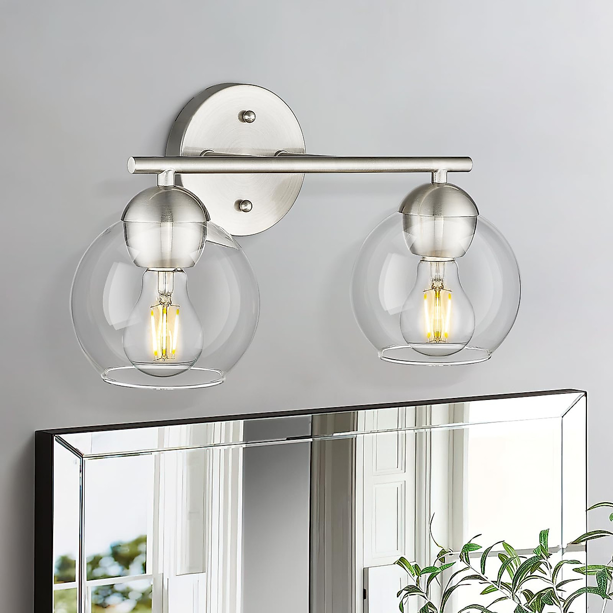 Emak Brushed Nickel Vanity Lights, 2-Light Bathroom Light Fixtures with Clear Glass Shade, Modern Globe Vanity Light for Bathroom, VL114-BN-2