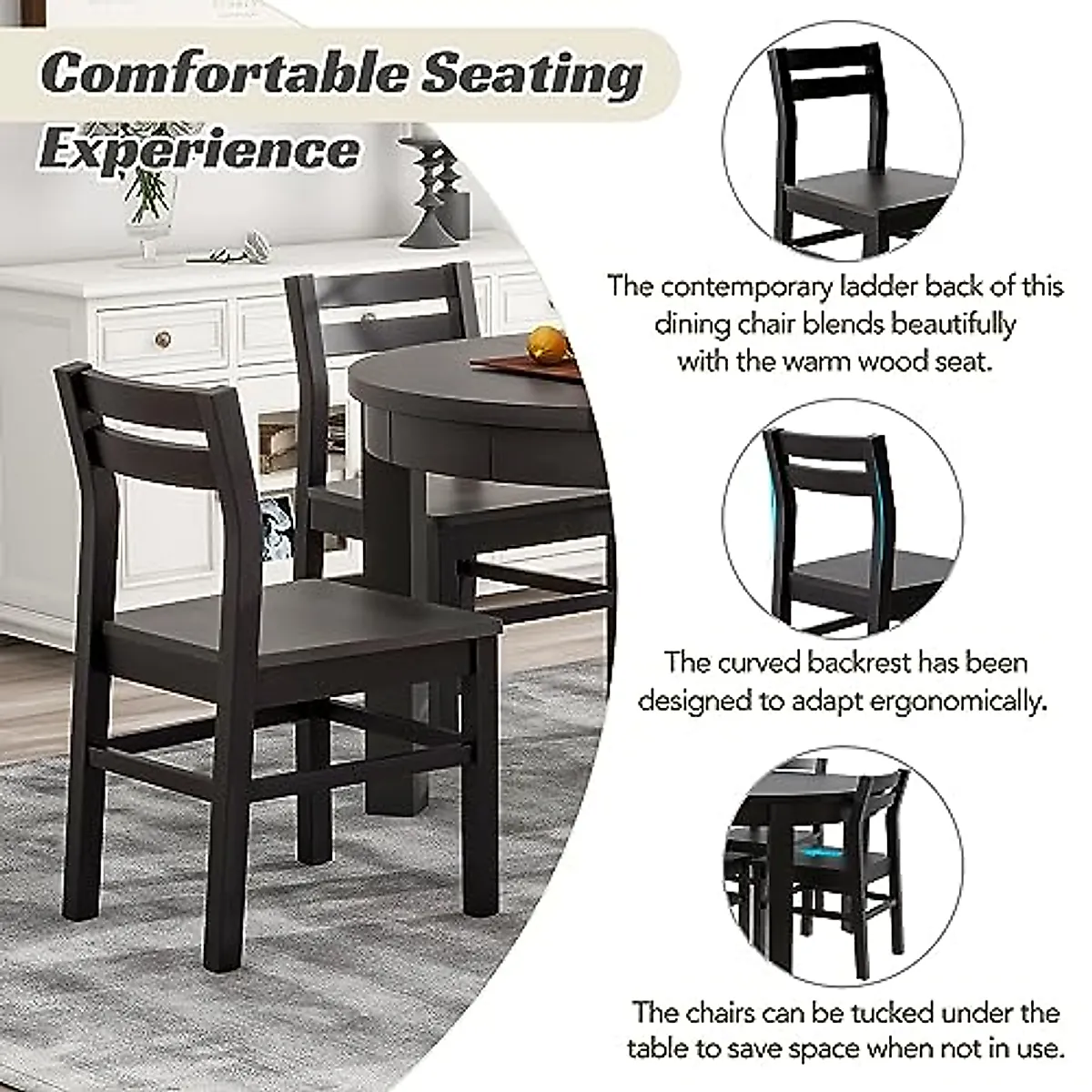 Dinehome 5 Piece Extendable Round Dining Table Set for 4-6 with Storage Drawers and Four Chairs,16" Removable Leaf, Espresso