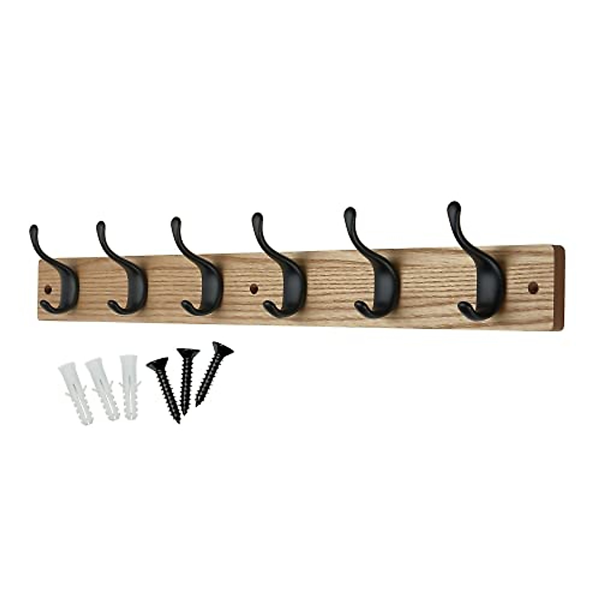 keypak Modern Wall Mounted Coat Rack, Matte Black Hooks on Wood Base (6 Hooks, Ash Effect)