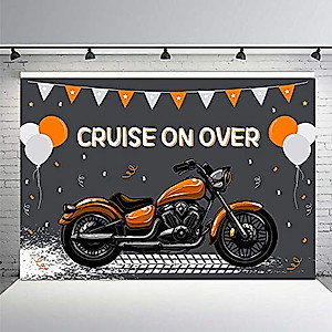 MEHOFOND Motorcycle Boy Birthday Party Backdrop Props Boy Happy 1st Birthday Cruise On Over Ride Photography Orange Silver Balloons Background Photo Banner for Cake Table Supplies 7x5ft