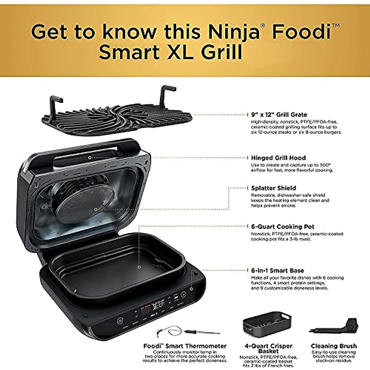 Ninja FG551 Foodi Smart XL 6-in-1 Indoor Grill with 4-Quart Air Fryer Roast Bake Dehydrate Broil and Leave-in Thermometer, Extra Large Capacity, a stainless steel Finish (Renewed) (Cinnemon/RED)