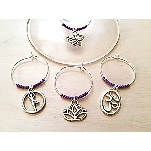 Yoga wine charms, I Love Yoga, Yoga gift, Namaste, Ohm, Lotus Flower, Tree Pose, PURPLE BEADS, Wine charm set.