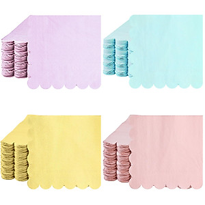 Qilery 100 Pack Pastel Cocktail Napkins Boho Scalloped Edged Pastel Paper Rainbow Napkins Disposable Colorful Napkin Bulk 2 Ply for Wedding Baby Shower Birthday Party Decorations(Macaron Color)