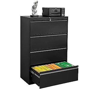 LVSTEEL Lateral File Cabinet with Lock,4 Drawer Stainless Metal Lateral Filing Cabinets, Home Office Storage Cabinets for Organization, Hanging Letter/Legal/A4,Anti-tilt Structure, Black