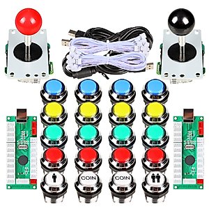Avisiri 2 Player Arcade Joystick DIY Kit 2 x 8 way Joystick + 20x Chrome LED Arcade Buttons Game Kit for PC Raspberry Pi Video Games (Red-Blue Kits)