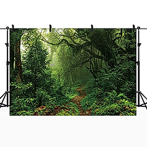 Riyidecor Jungle Forest Backdrop Fabric Polyester Spring Enchanted Nature Trees Rainforest Dreamland Dirt Road Green Photography Background 7Wx5H Feet Decoration Props Party Photo Shoot Backdrop