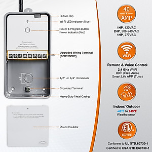 Suraielec Pool Timer, WiFi Smart Pool Pump Timer, 120, 240, 277 VAC, 40 AMP, Outdoor Heavy Duty Metal Casing Pool Control, Wireless Electric Switch Box for Pumps, Water Heater, Spa, Light