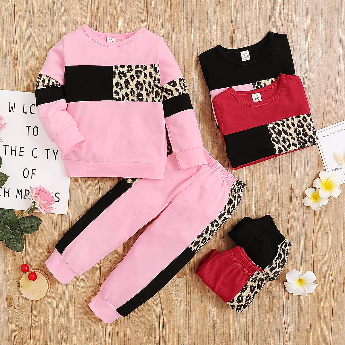 Tikoubabe Toddler Girl Clothes Baby Sweatshirt Leopard Fall Winter Outfits Long Sleeve Tops Pants Set 2 Pcs Pink 4-5 Years 120CM