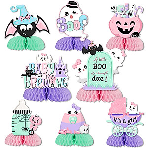 A Baby is Brewing Halloween Baby Shower Decorations - 8 pack Halloween Honeycomb Centerpiece, Pink and Purple Pastel Halloween A Little Boo is Almost Due Baby Shower Decorations for Girl