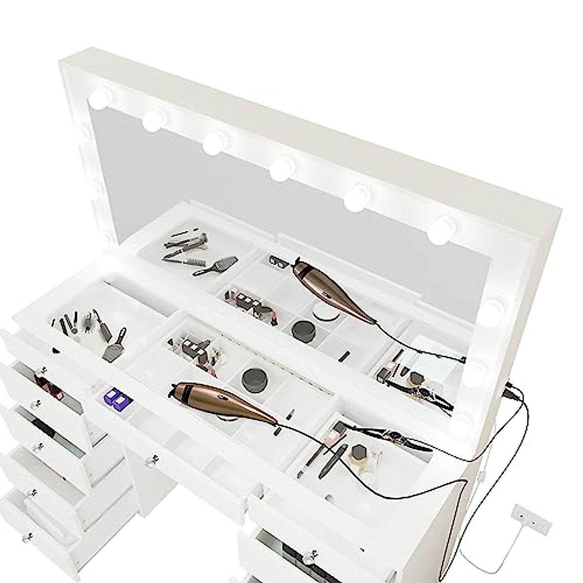 Boahaus Orla Modern Makeup Vanity Desk with Light Bulbs Built-in, USB Port and Power Outlet, 11 Drawers, Hollywood Vanity Mirror, Glam Glass Top Vanity, Crystal Ball Knobs, Big Vanity for Bedroom