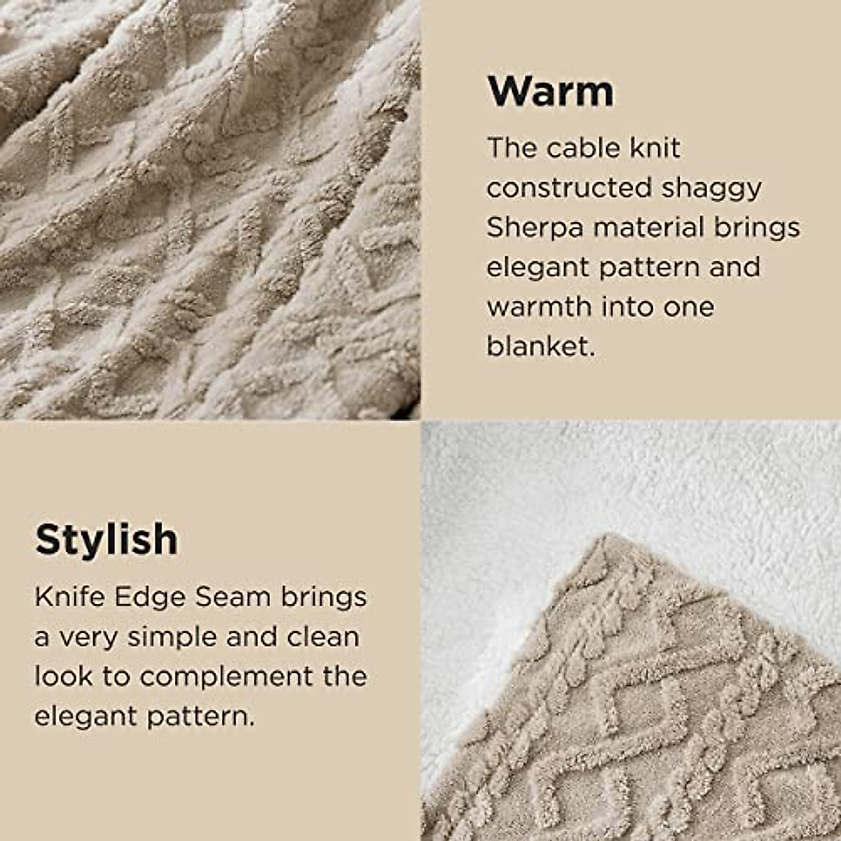 Bedsure Sherpa Fleece Blanket Twin Size for Bed - Fuzzy Soft Cozy Cable Throw for Couch, Thick Warm Blankets for Winter, Beige, 60x80 Inches